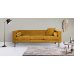 3-Sitzer Home Affaire "Lillibeth Designsofa mit Wellenunterfederung, Ma&szlig;e B/T/H: 218/74/83 cm", gelb (safran), B:218cm H:83cm T:74cm, 100% Polyester, Sofas, 3-Sitzer, Zierkissen als Wendekissen, Bezug Samtoptik oder Cord