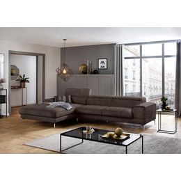 Ecksofa W.Schillig "piedroo, Designsofa mit tollem Sitzkomfort, elegant und bequem, L-Form", braun (mocca s37), B:343cm H:70cm T:193cm, Stoff S37 (100% Polyester): Luxus-Microfaser in Lederoptik, Sofas, Ecksofa, Kopfteilverstellung, wahlweise mit Sitztiefenverstellung, Breite 343cm