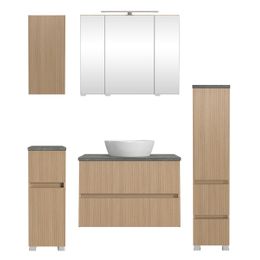 Badm&ouml;bel-Set Welltime "EIXO, 5tlg.-Set: Spiegelschrank, Waschtisch und Beim&ouml;bel", braun (eiche hell), B:110cm H:200cm T:47cm, Holzwerkstoff, Kastenm&ouml;bel-Sets, Badm&ouml;bel-Set, Set 140 cm breit, Badm&ouml;bel mit LED-Beleuchtung