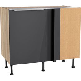 Eckunterschrank KOCHSTATION "KS-Aken", grau (anthrazit hochglanz, wildeiche nachbildung), B:100cm H:87cm T:58,4cm, Schr&auml;nke, Eckunterschrank
