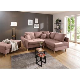 Ecksofa Home Affaire "Rice L-Form, B: 223 cm - OTTO. Verl&auml;ssliche Qualit&auml;t.", rosa (ros&eacute;), B:223cm H:47cm T:184cm, Luxus-Microfaser (100% Polyester);Struktur fein (100% Polyester);Microfaser PRIMABELLE (100% Polyester);Samtoptik (100% Polyester), Sofas, Ecksofa, Set: Sofa & Hocker, mit 3 Zierkissen, Federkern