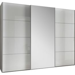 Schwebet&uuml;renschrank Wiemann "Kos", grau (kieselgrau, dekor, glas wei&szlig;, kristallspiegel), B:246,3cm H:236cm T:67cm, Glas, Holzwerkstoff, Schr&auml;nke, Schwebet&uuml;renschrank, mit Spiegelt&uuml;r und Schattenfuge