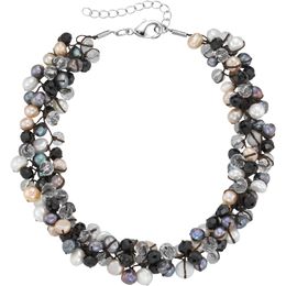 Collier Firetti "Schmuck Geschenk Halsschmuck Halskette Kette", braun (silberfarben, braun, wei&szlig;, schwarz), Halsketten, Damen, Metall Nylon Perlen, L: 45 B: 20mm, Metall, Nylon, Perlen, Collier, mit Kristallstein - mit S&uuml;&szlig;wasserzuchtperle, B:20mm