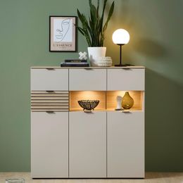 Highboard Innostyle "INA Highboard, 84 x 125 x 45 cm (B/H/T)", cashmere, riva eiche, B:125cm H:125cm T:45cm, ABS-Kunststoff, Holzwerkstoff, MDF, Metall, Sideboards, Highboard, 3 t&uuml;rig, 4 Schubladen, inkl. Beleuchtung, Softclose