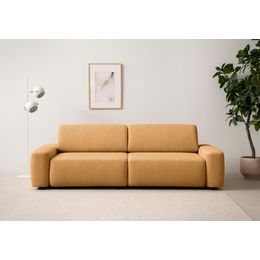 3-Sitzer Home Affaire "TORGE (257cm), Sofa,Schlafsofa in Cord, Samtvelours, Struktur fein", gelb (honiggelb), B:257cm H:82cm T:105cm, 100% Polyester, Sofas, 3-Sitzer, rundes Design, Schlaffunktion u. Bettkasten, Liegefl&auml;che: 135/200 cm