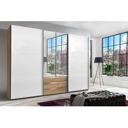 Schwebet&uuml;renschrank wimex "Magic by fresh to go", braun (plankeneichefarben, au&szlig;ent&uuml;ren wei&szlig;glas), B:300cm H:216cm T:65cm, Schr&auml;nke, Schwebet&uuml;renschrank