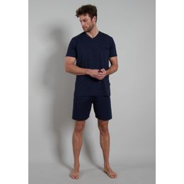 Shorty Bugatti "Modena", Herren, Gr. 48, blau (blau, dunkel, allover), Single Jersey, Obermaterial: 60% Baumwolle, 40% Polyester, gemustert, unifarben, Basic kurz, V-Ausschnitt, Homewear-Sets Shorty, V-Ausschnitt, Kurzarm, kurze Hose, bequem, Baumwollmix, weich, bequem