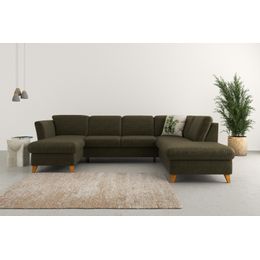 Wohnlandschaft Home Affaire "Trelleborg U-Form", gr&uuml;n (olive), B:307cm H:86cm T:213cm, 100% Polyester, Sofas, Wohnlandschaft, Federkern-Polsterung, wahlweise mit Bettfunktion und Stauraum