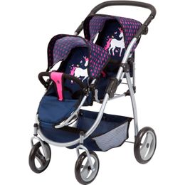 Zwillingspuppenwagen BAYER "mit Sonnendach", einhorn blau, pink, Puppenwagen, KinderB:46cm H:73cm T:63cm, Kunststoff, Metall, Polyester, Zwillingspuppenwagen, B:46cm H:73cm T:63cm