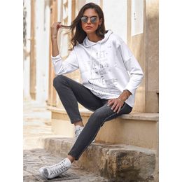 Langarmshirt Heine "Kapuzen-Shirt", Damen, Gr. 48, wei&szlig;, 95% Viskose, 5% Elasthan, Vorderteil:10% Elasthan, 90% Polyester, bedruckt, gemustert, mehrfarbig, Rundhals, Shirts Langarmshirt