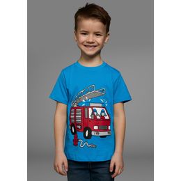 T-Shirt Kidsworld "Mit coolem FEUERWEHR Druck", Jungen, Gr. 140/146, blau (t&uuml;rkis), Single Jersey, Obermaterial: 100% Baumwolle, bedruckt, Basic, Rundhals, Shirts T-Shirt, Kurzarm, Basic-Passform, mit stylischem Druck, Rundhalsausschnitt