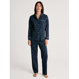 Pyjama Calida "Sweet Dreams", Damen, Gr. M (44/46), blau (peacoat blau), Interlock, Obermaterial: 100% Baumwolle, gemustert, bequem lang, V-Ausschnitt, Homewear-Sets Pyjama, Reverskragen, Knopfleiste, Pure Cotton, Interlock-Qualit&auml;t, weich