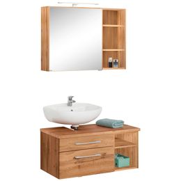 Badm&ouml;bel-Set Welltime "Davos", braun (eichefarben), Siphonausschnitt links, Holzwerkstoff, MDF, Melamin, Kastenm&ouml;bel-Sets, Badm&ouml;bel-Set, mit LED-Beleuchtung, H&auml;ngeschrank und Waschbeckenunterschrank