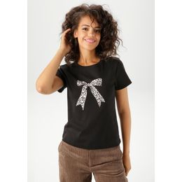 T-Shirt Aniston CASUAL, Damen, Gr. 40, schwarz-wei&szlig; (schwarz, wei&szlig;, taupe), Single Jersey, Obermaterial: 100% Baumwolle, bedruckt, figurbetont h&uuml;ftbedeckend, Rundhals, Shirts T-Shirt, mit Schleife im Leo-Dessin bedruckt, Topseller