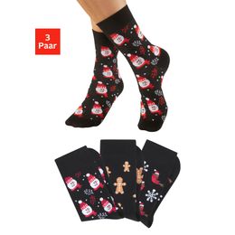 H.I.S. Basicsocken H.I.S, Damen, Gr. 39-42, 3x schwarz gemustert, Baumwollmischung, gemustert, elastisch, Socken Basicsocken, mit lustigen Weihnachtsmotiven