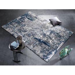 Teppich OCI DIE TEPPICHMARKE "JUWEL LIRAY", grau (grau, petrol), B:65cm H:20mm L:130cm, Polyester, Polypropylen, Teppiche, Teppich, Kurzflor, Wohnzimmer, Marmor Optik, Hoch Tief Effekt