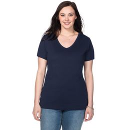 T-Shirt sheego "T-Shirt", Damen, Gr. 48/50, blau (marine), 100% Baumwolle, unifarben, V-Ausschnitt, Shirts T-Shirt