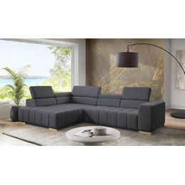 Ecksofa exxpo - SOFA FASHION "Elianos, hoher Sitzkomfort, aufwendige Kreuzsteppung im Sitz, L-Form", graphite, B:307cm H:73cm T:201cm, Sofas, Ecksofa, Kopfteile & Sitztiefe verstellbar, mit Bettfunktion