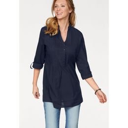 Longbluse Aniston CASUAL, Damen, Gr. 36, blau (marine), Web, Obermaterial: 100% Baumwolle, unifarben, figurumspielend ca. Mitte Oberschenkel, Rundhals, 1-Knopf-Manschette krempelbar, Blusen Longbluse, mit dekorativer Biesenverarbeitung, Topseller