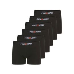 Jack & Jones Trunk JACK & JONES "JACOLD &ndash; Boxershorts mit farbigem Bund im 6er-Pack", Herren, Gr. L, 6 Stk., schwarz (schwarz pack:6 x schwarz with schwarz wb), Jersey, Obermaterial: 95% Baumwolle, 5% Elasthan, unifarben mit Farbeinsatz, normal, Unterhosen Trunk, Druck, modisch, regular fit, Jersey