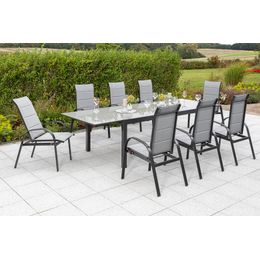 Garten-Essgruppe Merxx "Marini", grau, B:57cm H:110cm T:73cm, Aluminium, Polyester, Sitzm&ouml;bel-Sets, Garten-Essgruppe, 8 Klappsessel, ausziehbarer Tisch