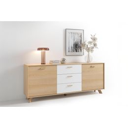 Sideboard ByLiving "Bastian", eiche bianco, B:180cm H:72,5cm T:36,5cm, FSC-zertifizierter Holzwerkstoff, Massivholz, Sideboards, Sideboard, mit massiven Holzf&uuml;&szlig;en und Griffen, nat&uuml;rlicher Eichenlook, 180cm