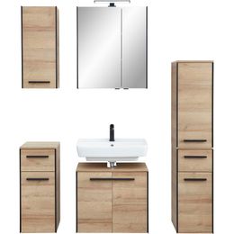Badm&ouml;bel-Set SAPHIR "Quickset 395 5-teilig, Waschbeckenunterschrank mit LED-Spiegelschrank", braun, Riviera Eiche quer Nachbildungmit schwarzem L-Profil vorne, Kastenm&ouml;bel-Sets, Badm&ouml;bel-Set, Unterschrank, H&auml;ngeschrank, Midischrank, inkl. T&uuml;rd&auml;mpfer, 7 T&uuml;ren