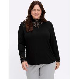 Stehkragenshirt sheego by Joe Browns "Shirt", Damen, Gr. 56/58, schwarz, 95% Viskose, 5% Elasthan, Spitze:18% Elasthan, 82% Polyamid, unifarben, Shirts Stehkragenshirt