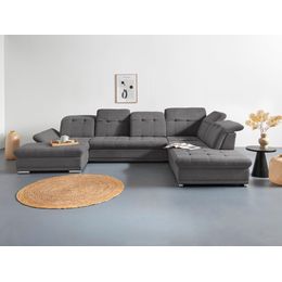 Wohnlandschaft COTTA "Holiday U-Form mit Sitztiefen-, Armteil- und Kopfteilverstellung", grau (anthrazit), B:386cm H:86cm T:265cm, 100% Polyester, Sofas, Wohnlandschaft, wahlweise mit Bettfunktion & Bettkasten