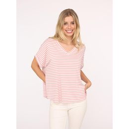 T-Shirt Zwillingsherz "Maritime Streifen", Damen, rosa, Obermaterial: 97% Viskose, 3% Elasthan, gestreift, loose fit h&uuml;ftlang, V-Ausschnitt, Shirts T-Shirt, One Size, Kurzarm, V-Ausschnitt, gestreift, Loose Fit