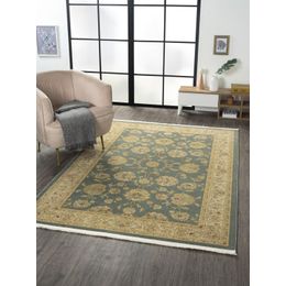 Teppich "Maryam 5", blau (dunkelblau, hellblau, creme), B:160cm H:7,5mm L:230cm, Polypropylen (PP), MyFlair M&Ouml;BEL & ACCESSOIRES, Teppiche, Teppich, Kurzflor, Orient Optik, edler Glanz, mit Fransen, besonders weich