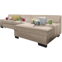 Ecksofa DOMO collection "Norma, elegant & modern, mit flachen Armlehnen, Breite 268cm, L-Form", beige (natur), B:268cm H:74cm T:153cm, NaturLEDER in Sitz und R&uuml;cken. Korpus in passendem Kunstleder SOFTLUX bezogen;Struktur (90% Polyester, 10% Polyacryl);Mosel Struktur (100% Polyester);Kunstleder SOFTLUX;Microfaser-PRIMABELLE (100% Polyester), Sofas, Ecksofa, wahlweise mit Bettfunktion