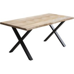 Esstisch Home Affaire "Tristano", beige (natur, schwarz, natur), B:200cm H:77cm T:100cm, Tische, Esstisch, Eiche massiv natur ge&ouml;lt, mit echter Baumkante