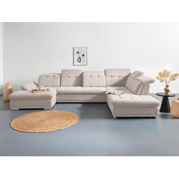 Wohnlandschaft COTTA "Holiday U-Form mit Sitztiefen-, Armteil- und Kopfteilverstellung", grau (elephant), B:386cm H:86cm T:265cm, 100% Polyester, Sofas, Wohnlandschaft, wahlweise mit Bettfunktion & Bettkasten