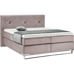 Boxspringbett "Dubai", lila (d 531 flieder), B:217cm L:214cm, Gallery M BRANDED BY MUSTERRING, Komplettbetten, Boxspringbett, Kufe in Chrom, 3 H&auml;rtegrade, Kopfteil mit Knopfheftung