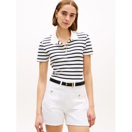 Poloshirt Tommy Hilfiger "GOLD BUTTON SLIM SS POLO", Damen, Gr. M (40), breton stp ecru, schwarz night navy, Single Jersey, Obermaterial: 100% Baumwolle, gestreift, slim fit, Shirts Poloshirt
