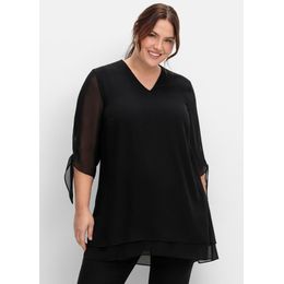 Longbluse sheego, Damen, Gr. 54, schwarz, 100% Polyester, Unterteil:5% Elasthan, 95% Viskose, unifarben, V-Ausschnitt, Blusen Longbluse