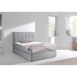 Boxspringbett Home Affaire "Sagres", grau, B:155cm L:210cm, Feinstruktur(100% Polyester);Bezug der Spiegelfl&auml;che Matratzendrell aus 100% Polyester, Komplettbetten, Boxspringbett, Kopfteil mit 2farbiger Flatterbiese und zweifarbigen Kn&ouml;pfen