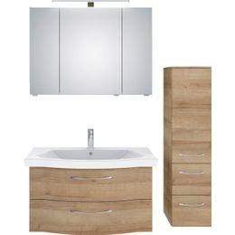 Badm&ouml;bel-Set SAPHIR "6005 Sprint 3-teilig, Keramik-Waschtisch mit LED-Spiegelschrank", braun (riviera eiche quer nachbildung), B:128cm H:200cm T:51,5cm, Holzwerkstoff, Kastenm&ouml;bel-Sets, Badm&ouml;bel-Set, Midischrank, inkl. T&uuml;rd&auml;mpfer, 4 T&uuml;ren, 4 Schubladen, Bad-Set