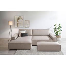 Polsterecke Home Affaire "SHERWOOD XXL tief, L-Form, Schlaffunktion, Bigsofa, Cord, Leinenoptik", beige (hellbeige), B:284cm H:90cm T:135cm, 100% Polyester, Sofas, Polsterecke, Hocker stellbar zum Schlafsofa (Krokodilverbinder), tiefe Sitzfl&auml;che
