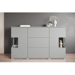 Sideboard OTTO HOME "Kenia", grau (pallad grau), B:150cm H:89cm T:39,5cm, FSC-zertifizierter Holzwerkstoff, Glas, Hartfaserplatte, Kunststoff, Sideboards, Sideboard, Sideboard mit 3 Schubladen, 6 F&auml;chern, Glast&uuml;ren, Breite 150 cm