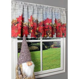 Querbehang "Weihnachtsstern", bunt (rot, mehrfarbig, grau), B:120cm H:45cm, Organza, Polyester, HOSSNER - ART OF HOME DECO, Gardinen, Querbehang, Hintergrund in Holzoptik
