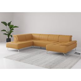 Wohnlandschaft Home Affaire "Caluna", gelb (curry), B:334cm H:81cm T:235cm, Sofas, Wohnlandschaft, Inkl.Sitztiefenverstellung, wahlweise mit Kopf- und Armteilverstellung