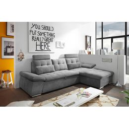 Ecksofa ED EXCITING DESIGN "Nalo L-Form", grau (dunkelgrau), B:268cm H:103cm T:170cm, 95% Polyester, 5% Nylon, Sofas, Ecksofa, mit Bettfunktion, Armteilverstellung, Kopfst&uuml;tzen & 2 Nierenkissen