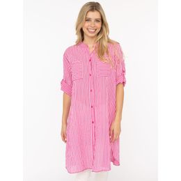 Longbluse Zwillingsherz "Kida", Damen, pink, Web, Obermaterial: 100% Baumwolle, comfort fit lang, V-Ausschnitt, Krempel&auml;rmel 1-Knopf-Manschette, Blusen Longbluse, One Size, Streifen, Knopfleiste, Brusttaschen, 3/4-Arm