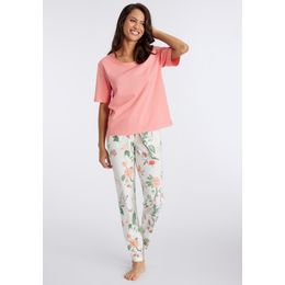 Pyjama Lascana, Damen, Gr. 32/34, rosa (peach, ecru gemustert), Single Jersey, Obermaterial: 50% Baumwolle, 50% Viskose, bequem lang, Rundhals, Homewear-Sets Pyjama, mit elegantem Blumenmuster