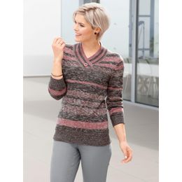 V-Ausschnitt-Pullover Casual Looks "Pullover", Damen, Gr. 42, orange (lachs, anthrazit, geringelt), 100% Polyacryl, gemustert, mehrfarbig, meliert, figurumspielend, Pullover V-Ausschnitt-Pullover