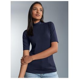 T-Shirt TRIGEMA "TRIGEMA T-Shirt mit elastischem Stehkragen", Damen, Gr. M, blau (navy), Single Jersey, 94% Viskose, 6% Elastan, normal, ohne Ausschnitt, Shirts T-Shirt