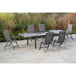 Garten-Essgruppe Merxx "Taviano", grau (anthrazit, anthrazit, grafit), Polyester, Aluminium, Polyester, Sicherheitsglas, Sitzm&ouml;bel-Sets, Garten-Essgruppe, 6 Klappsessel, 5-fach verstellbar, Ausziehtisch