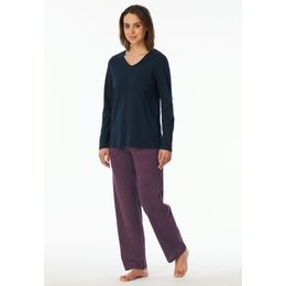 Schlafanzug uncover by Schiesser "Uncover Nightwear", Damen, Gr. 48, blau (804, blau), Single Jersey, Obermaterial: 100% Baumwolle, bequem lang, Rundhals, Homewear-Sets Schlafanzug, Baumwolle, Single Jersey-Qulit&auml;t, lang&auml;rmelig, bequem, atmungsaktiv